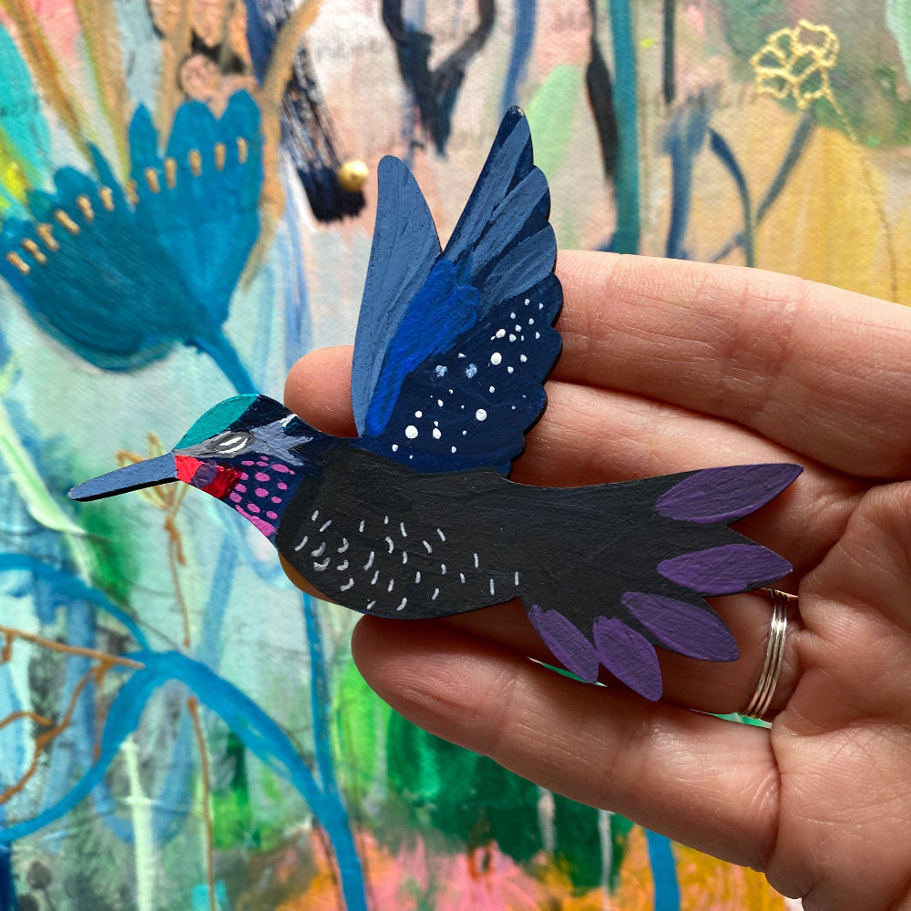 "Dark Star " Hand-Painted Hummingbird Pin – Cathy Nichols